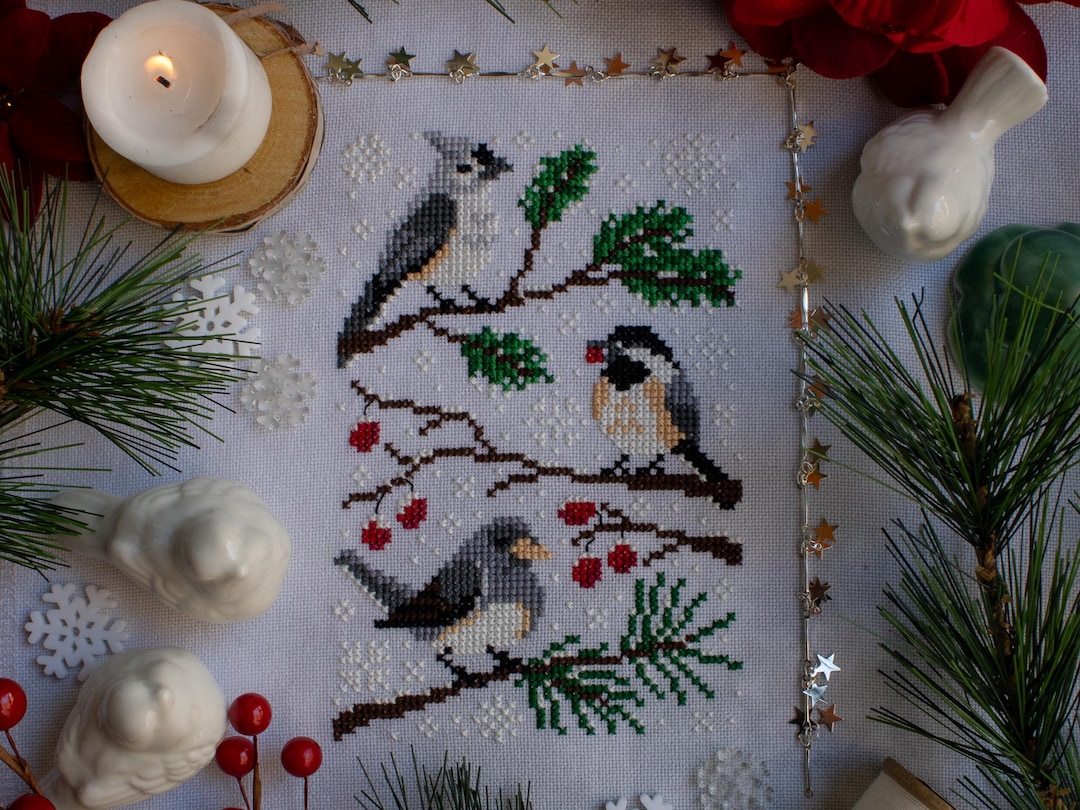 First Snow Nature Walk Cross Stitch Pattern - Winter Birds, Evergreen ...
