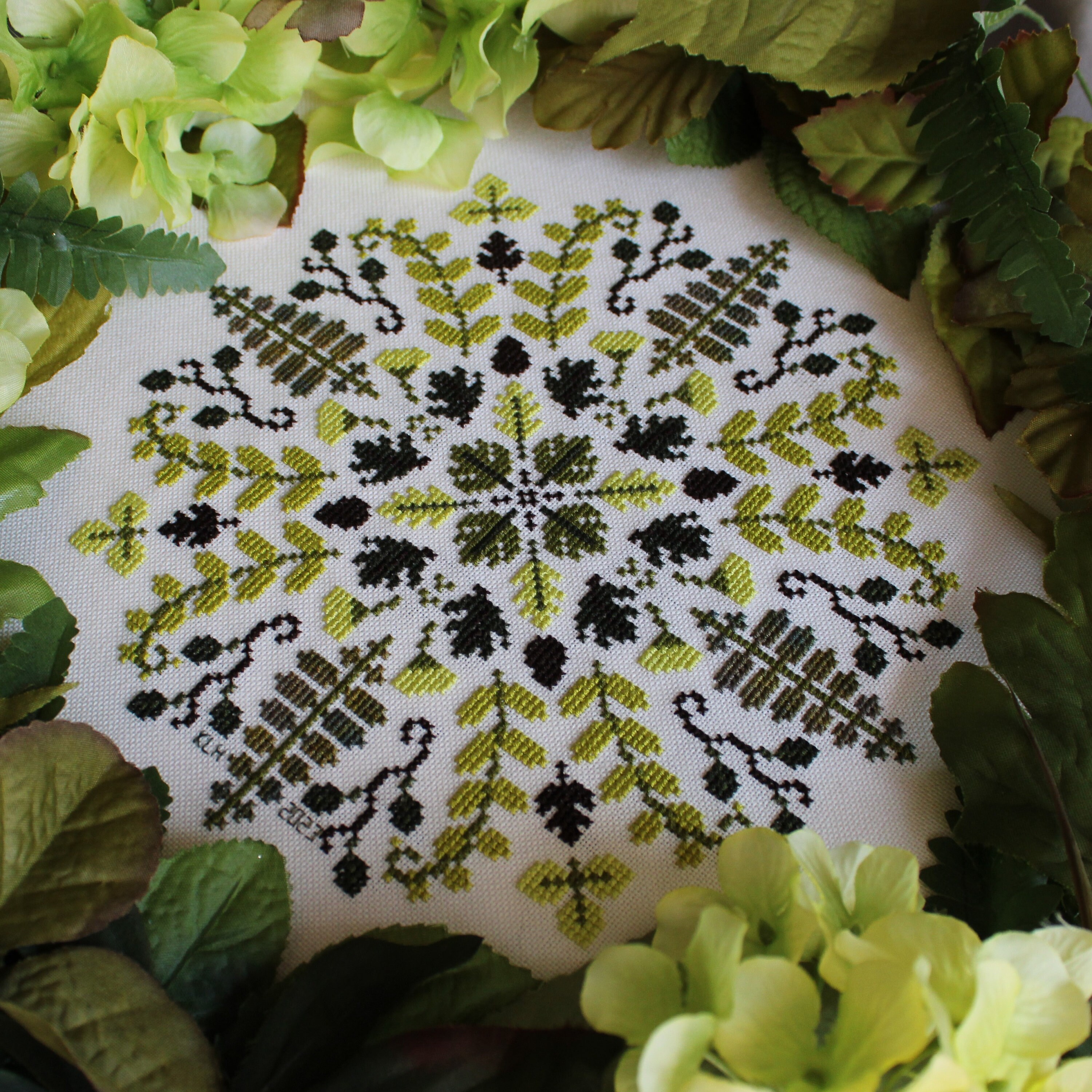 Forest Mosaic - Green Leaves and Ferns Repeating Cross Stitch Pattern ...