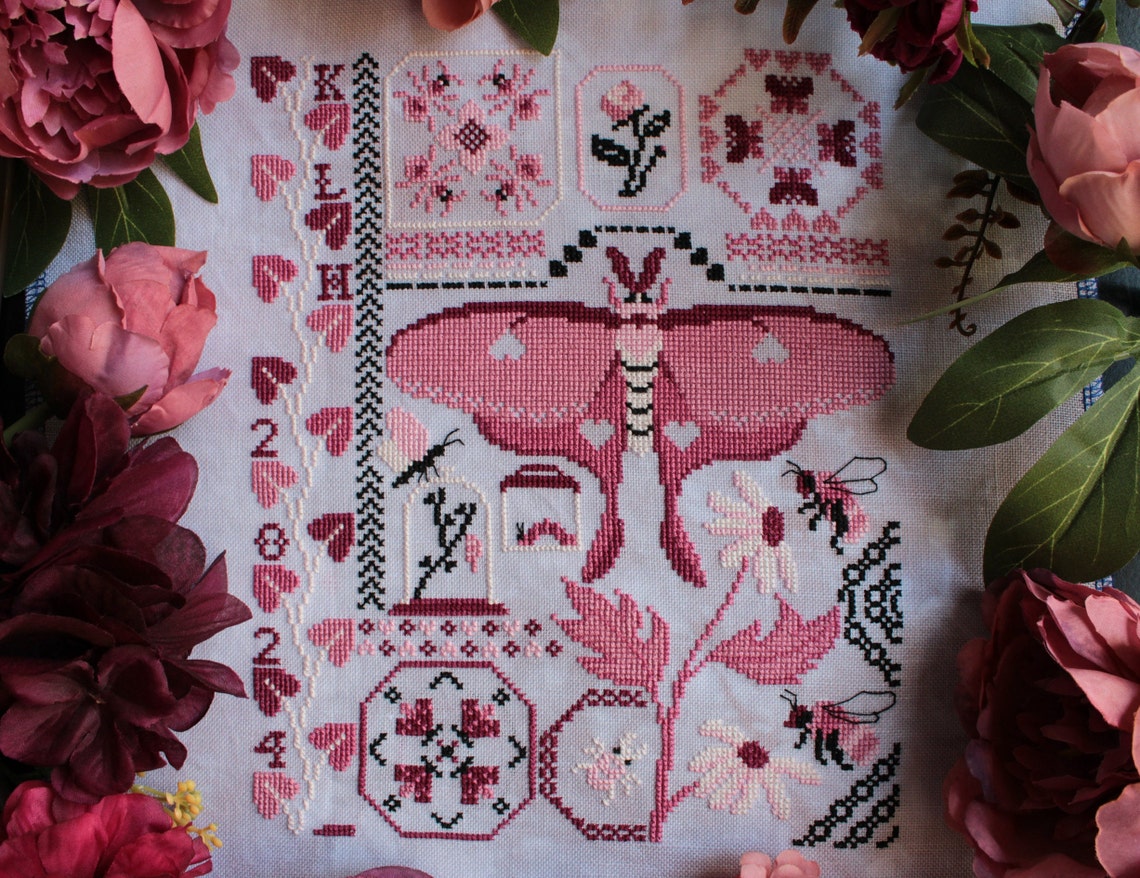 Luna Love Cross Stitch Pattern - Pink Insects and Luna Moth Valentine's ...