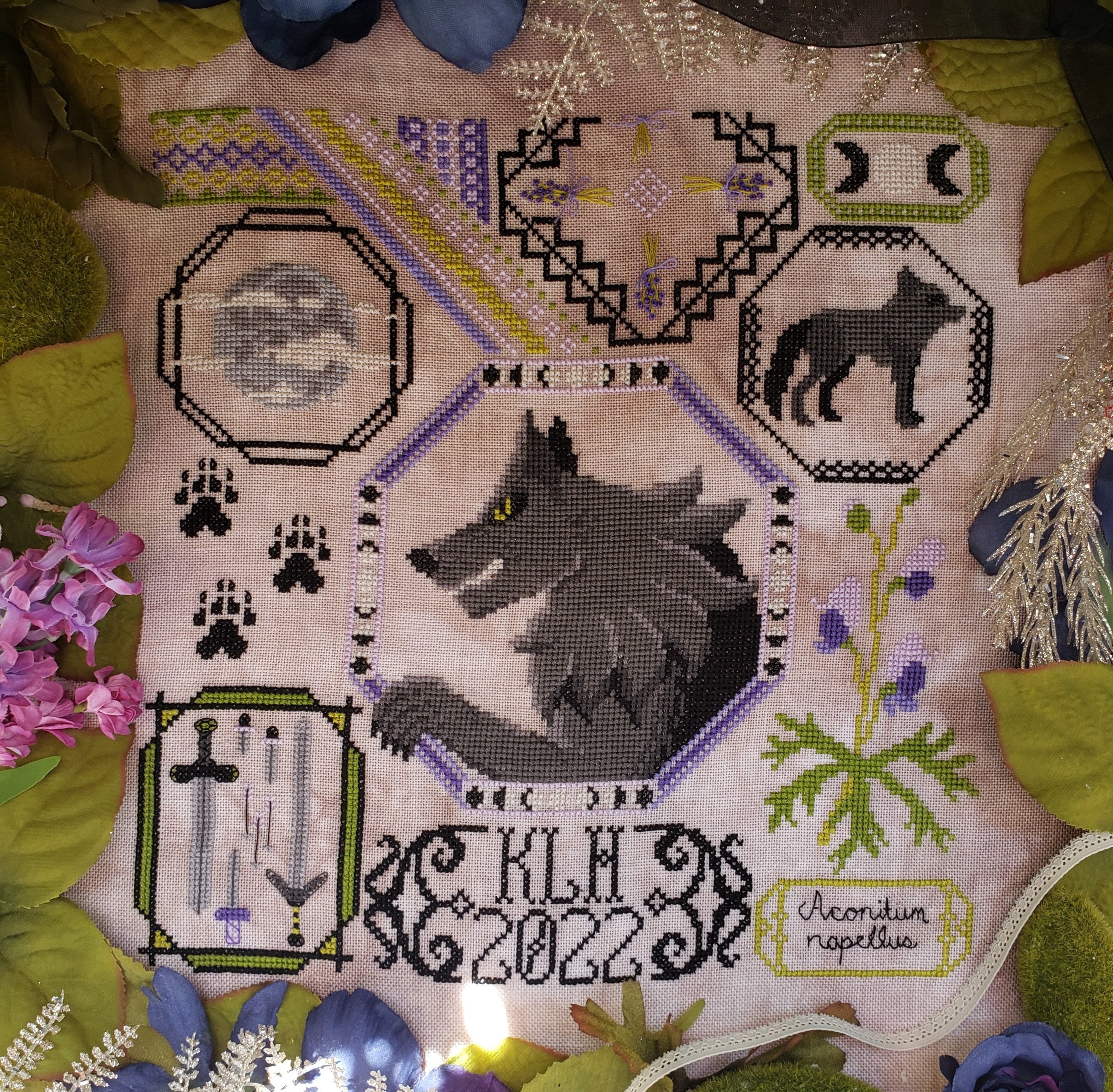 Werewolf Sampler Cross Stitch Pattern - Quaker Style Motifs - Wolfsbane ...