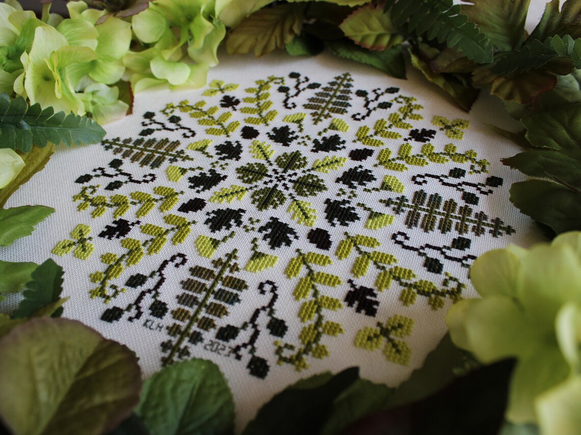 Forest Mosaic - Green Leaves and Ferns Repeating Cross Stitch Pattern ...