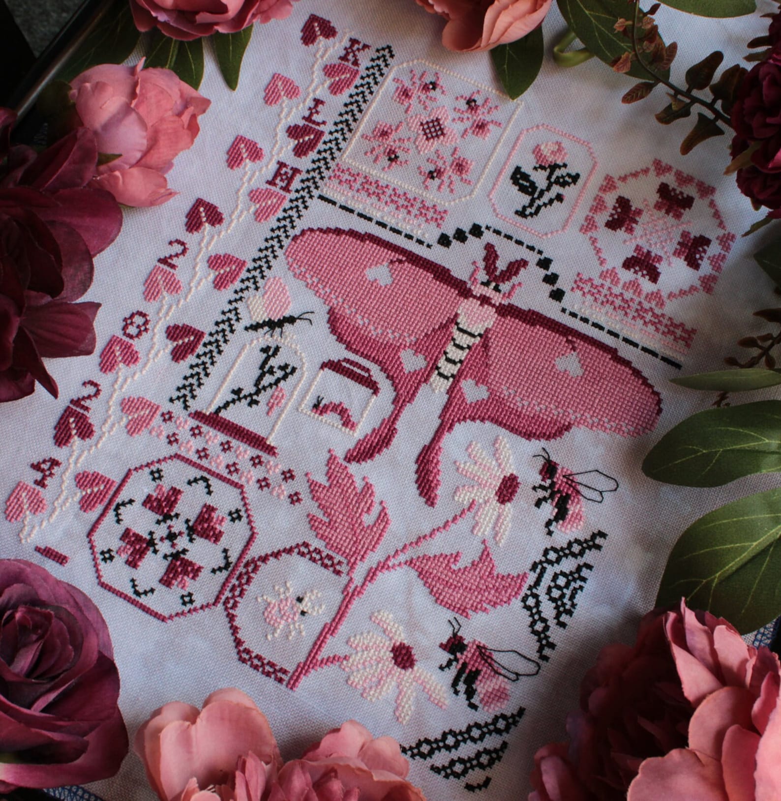 Luna Love Cross Stitch Pattern - Pink Insects and Luna Moth Valentine's ...