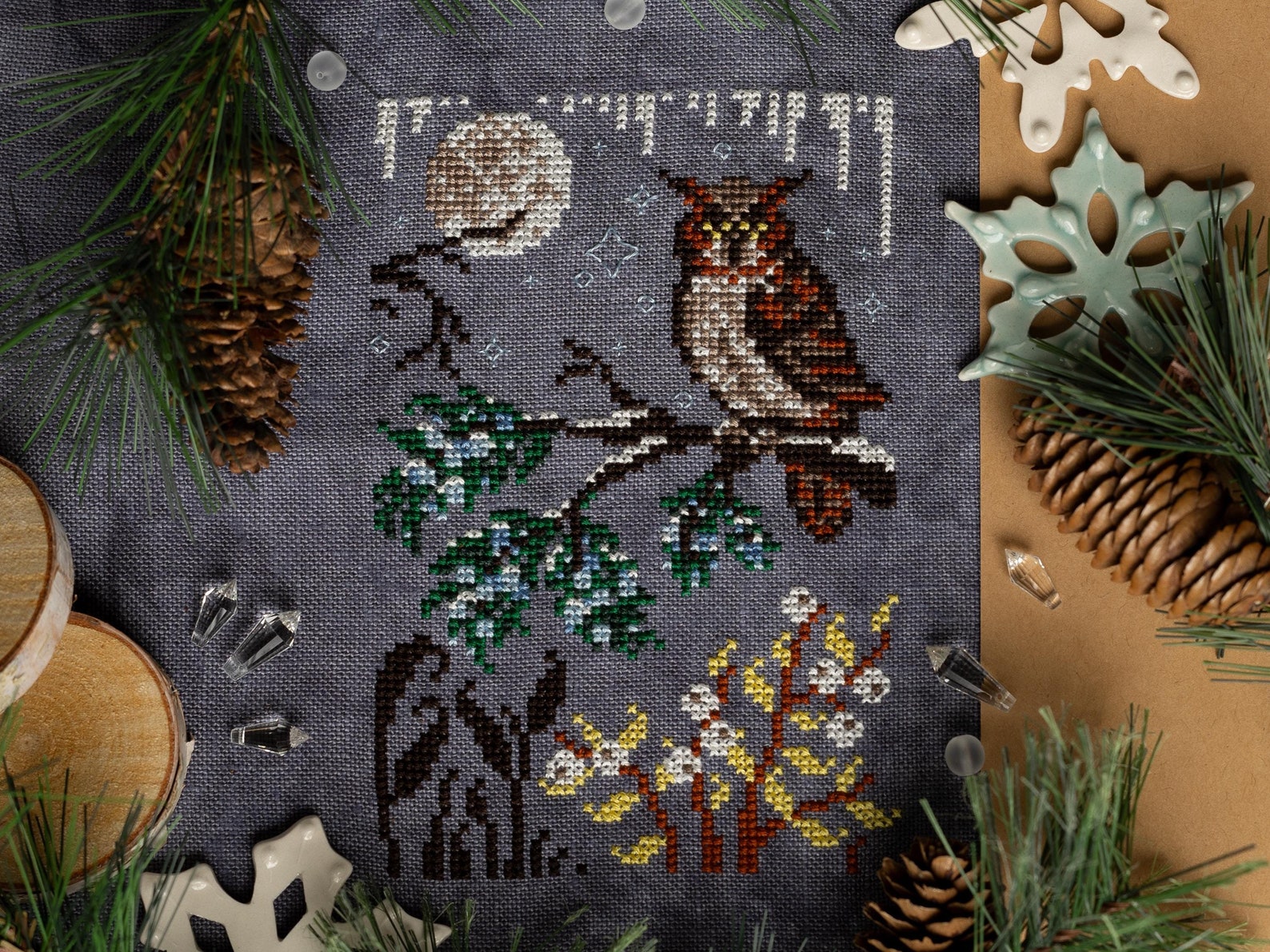 Winter Moon Nature Walk Cross Stitch Pattern - Great Horned Owl ...