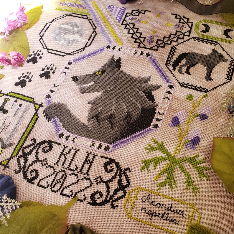 Werewolf Sampler Cross Stitch Pattern - Quaker Style Motifs - Wolfsbane ...