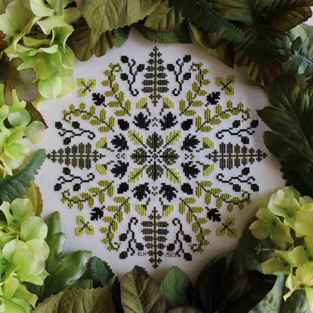 Forest Mosaic - Green Leaves and Ferns Repeating Cross Stitch Pattern ...