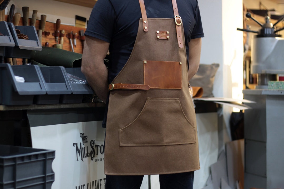Waxed Canvas and Leather Work Apron | Leather Apron - Craftsmen Apron ...