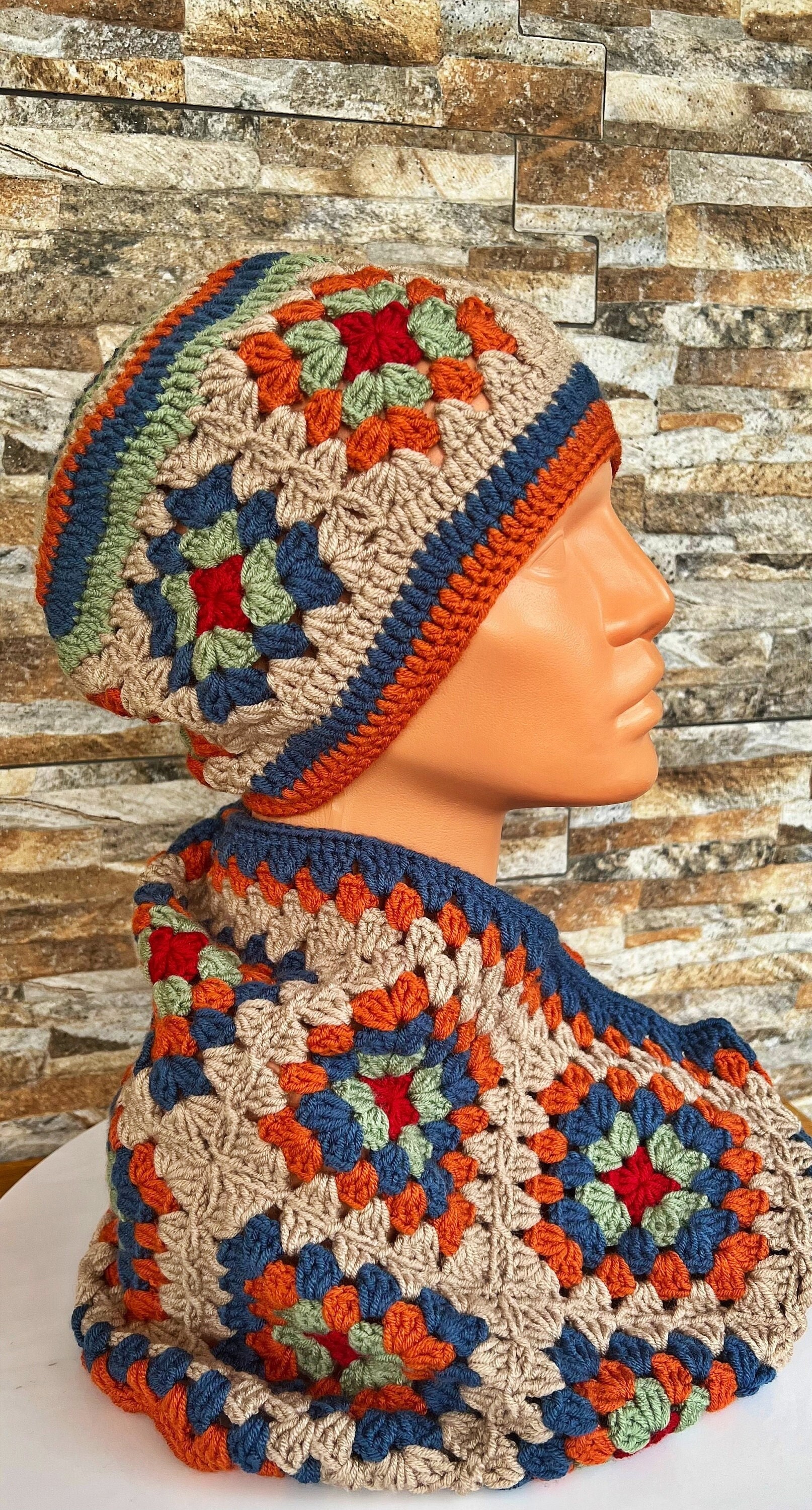 Crochet Granny Square Hat and Scarf , Handmade Granny Square Beanie and Scarf, Handmade Crochet ...