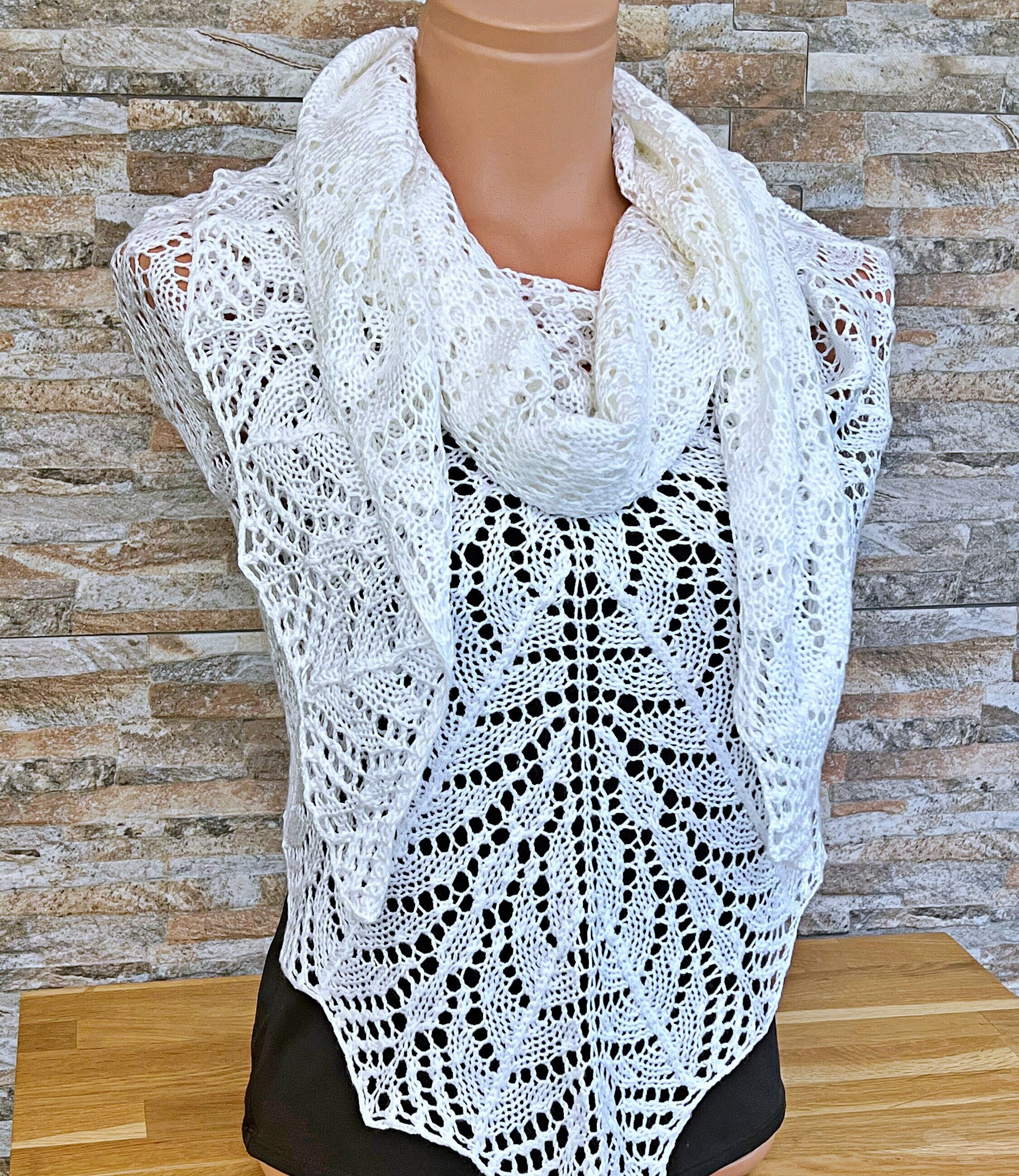 Hand Knit Shawl Hand Knit Lace Shawl Triangle Cotton Shawl Bridal Shawl ...