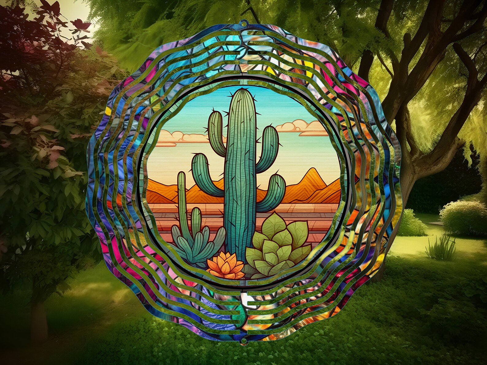 Cactus Stained Glass Wind Spinner, Desert Outdoor Decor, Yard Decor ...