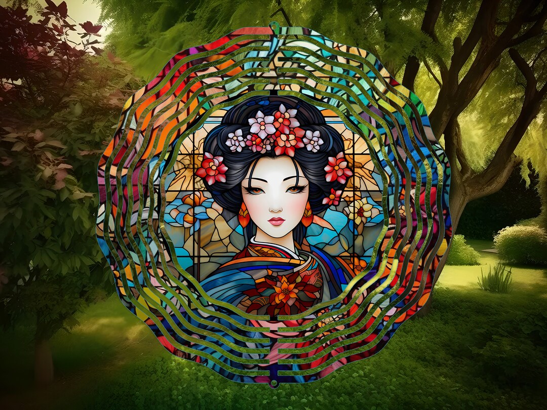 Geisha Stained Glass Wind Spinner, Japanese Garden Art, Outdoor Garden ...
