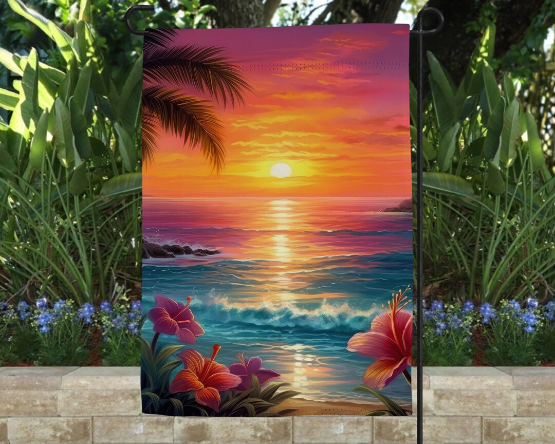 Tropical Garden Flag, Beach Sunset Outdoor Decor, Summer Garden Flag ...