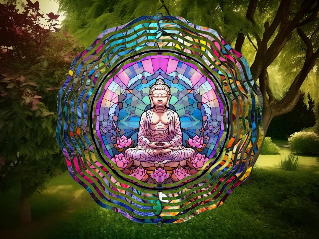 Buddha Stained Glass Wind Spinner, Lotus Garden Art, Meditation Garden ...
