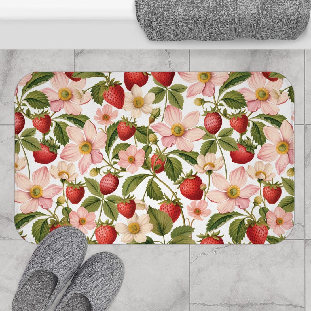 Strawberry Bath Mat, Fruit Bathroom Accessories, Botanical Bathroom ...