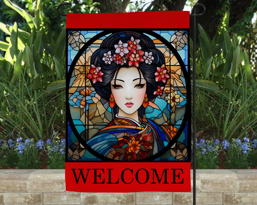 Geisha Stained Glass Garden Flag, Welcome Flag Sign, Japanese Garden ...