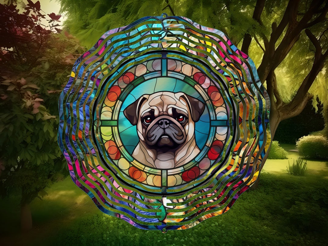 Pug Stained Glass Wind Spinner, Dog Yard Decor, Outdoor Garden Decor ...