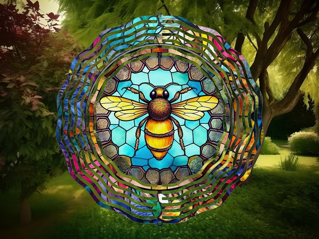Bee Stained Glass Wind Spinner, Outdoor Garden Decor, Deck Decorations ...