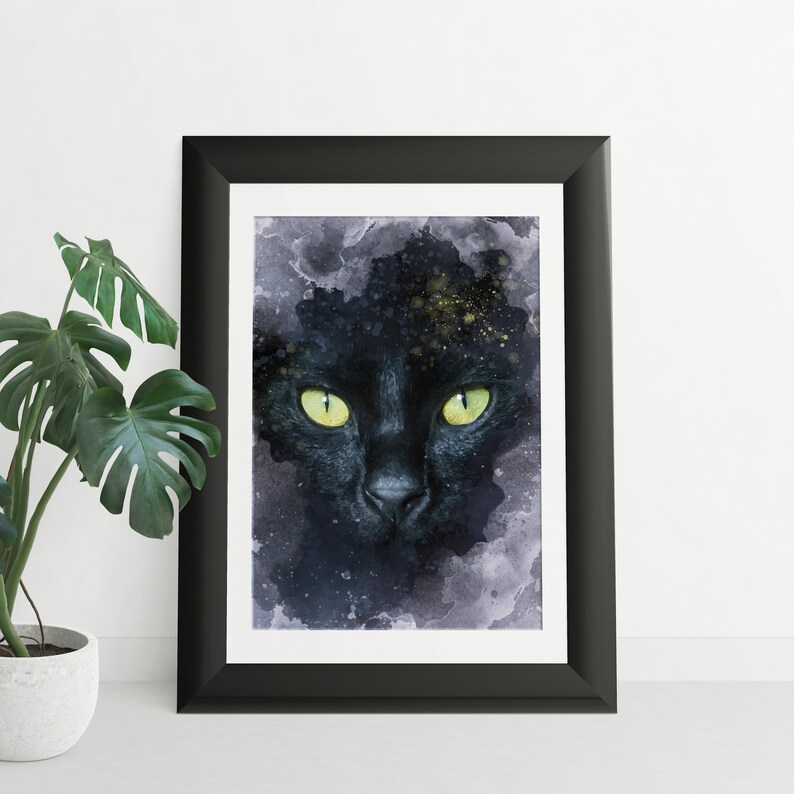 Black Cat Wall Art | Cat Eyes Painting | Watercolor Print | Printable ...