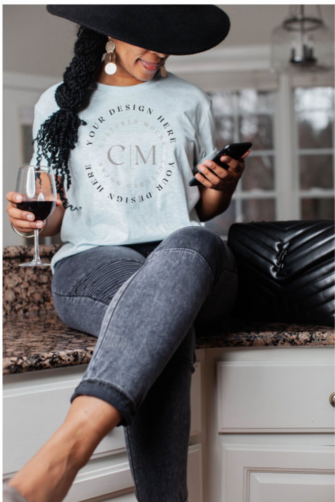 Heather Prism Ice Blue T Shirt Mockup Black Model Mockup Bella Canvas ...