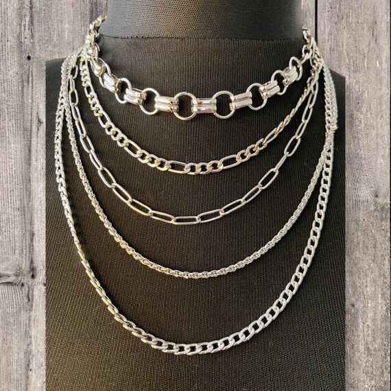 5 Multi Layer Silver Necklace Set Multilayer Layer Thick - Etsy