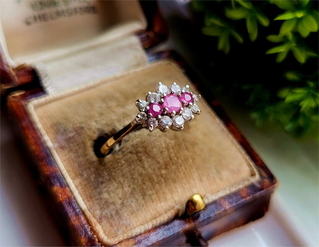 STUNNING Vintage 9ct Gold Ruby and White Topaz Cluster Ring, Gold Ruby ...