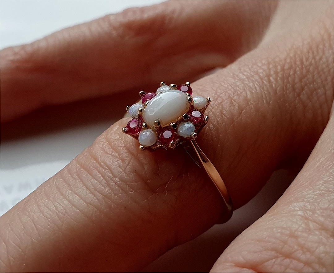 Vintage 9ct Gold Opal and Ruby Cluster Ring, GORGEOUS, Gold Ruby and ...