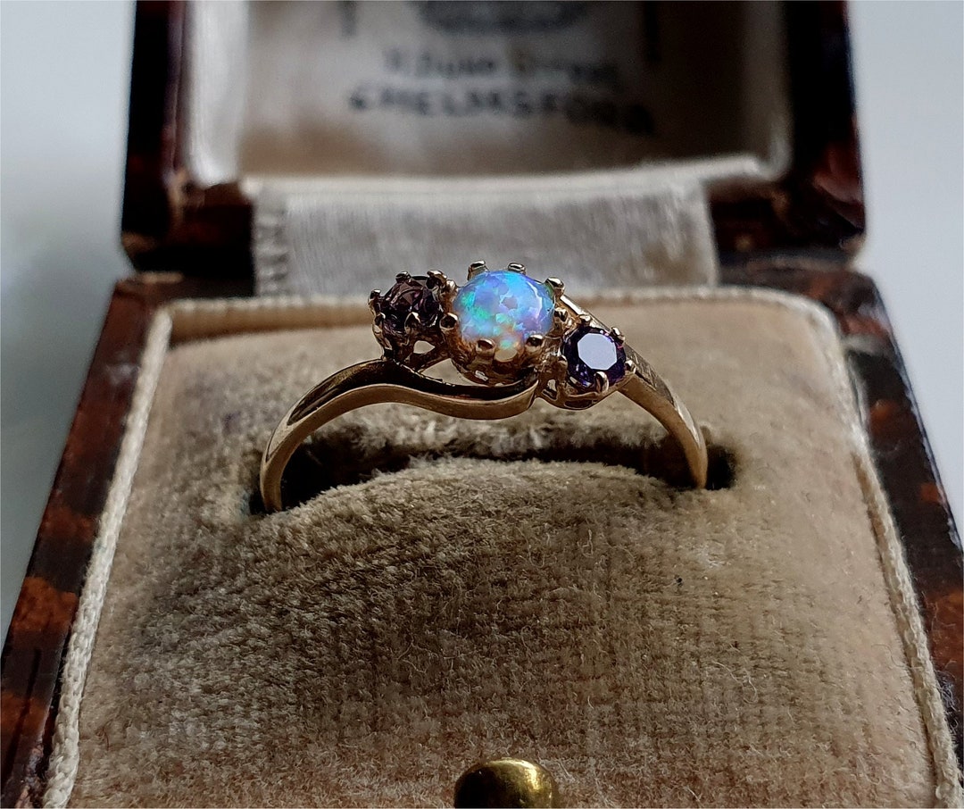 Vintage Fancy 9ct Gold Opal and Amethyst Trilogy Ring, Gold Amethyst ...