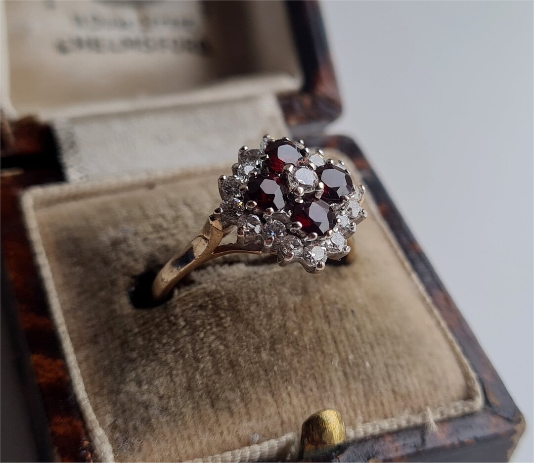 Vintage 9ct Gold Garnet and White Topaz Cluster Ring, Gold Garnet ...