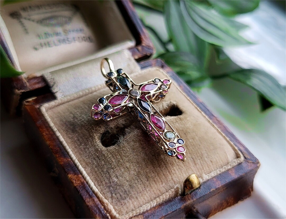 RARE Vintage 9ct Gold Multi Gem Cross Pendant. Ruby Cross, Sapphire ...