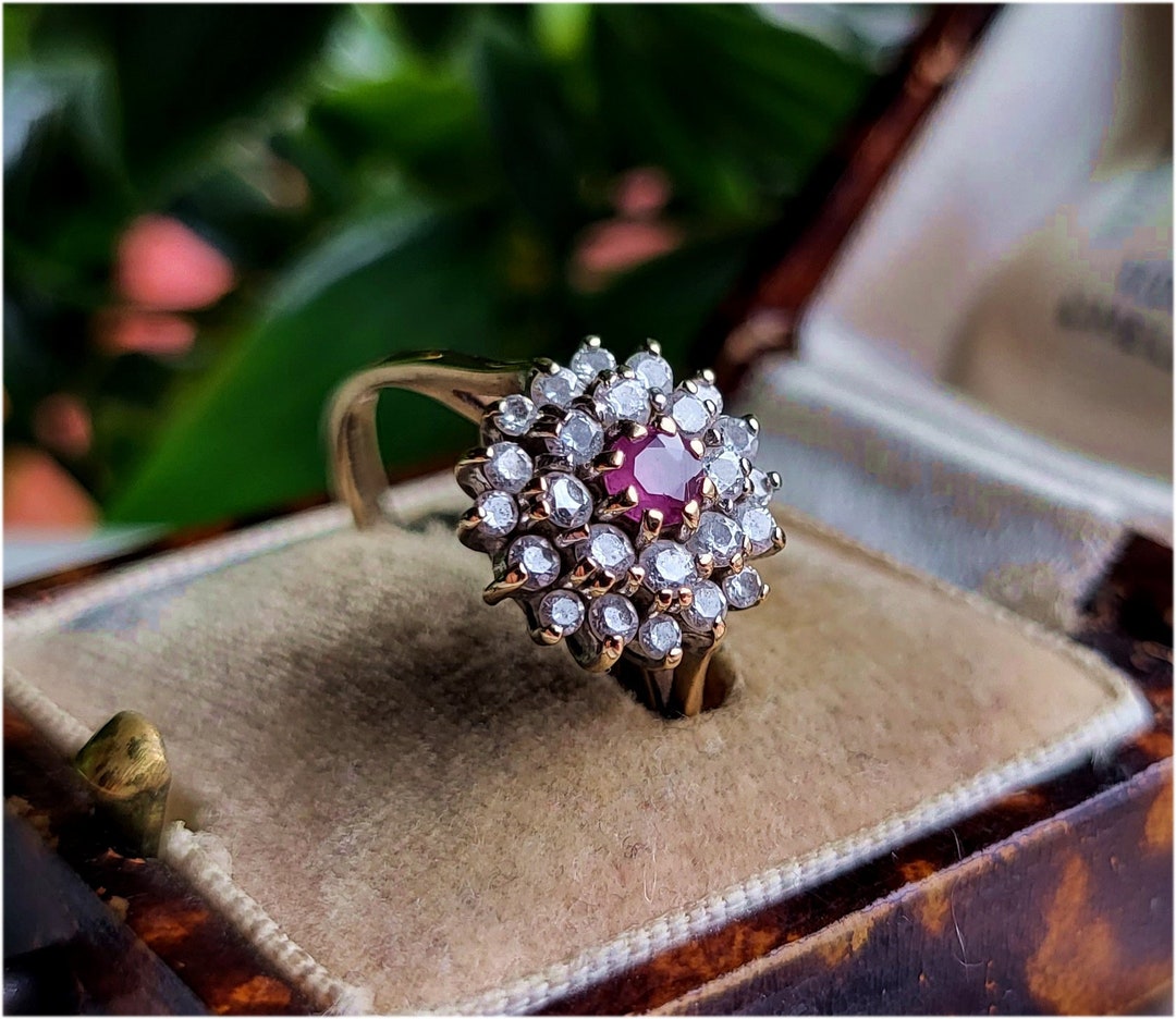 GENUINE Vintage 9ct Gold Ruby and White Topaz Ring, FREE RESIZING Gold ...