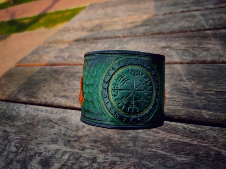 Viking Compass Valknut Green Leather Cuff, Vegvisir, Hand Tooled ...