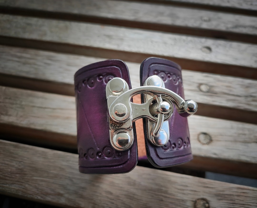 Purple Leather Cuff With Single Hook Closure - Wide Steampunk Style ...