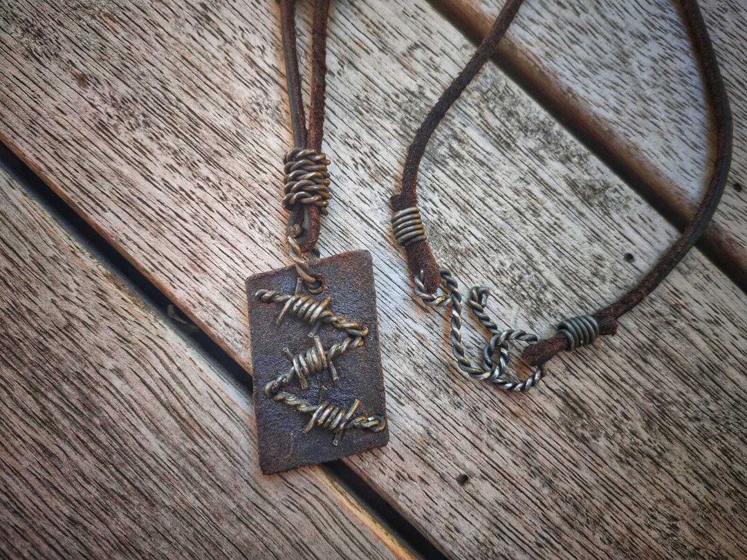 Angled Black Leather Rusty Barbed Wire Necklace for Wastelander ...