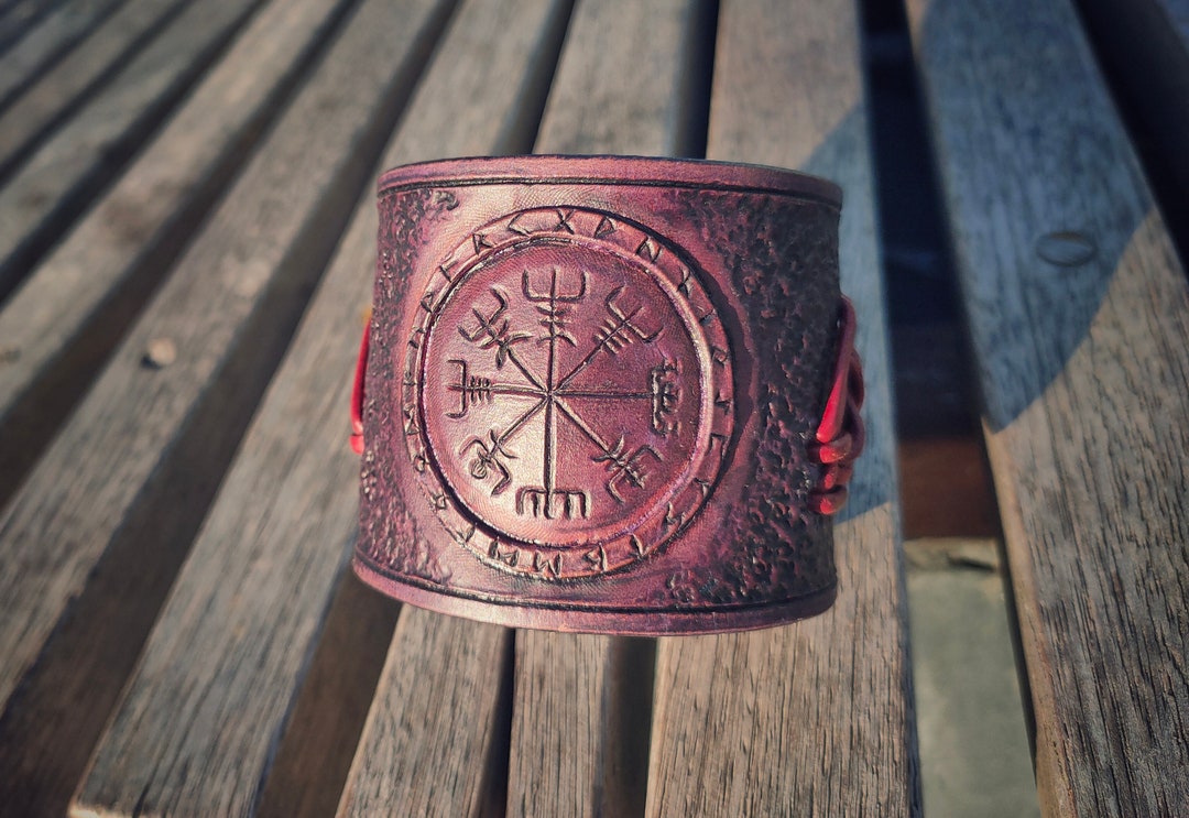 Viking Vegvisir Valknut Leather Cuff, Hand Tooled, Carving, Engraving ...