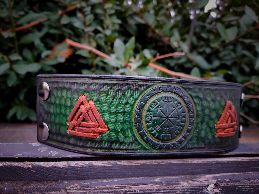 Viking Compass Valknut Green Leather Cuff, Vegvisir, Hand Tooled ...