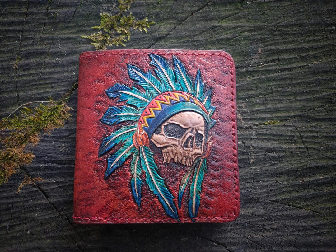 Hand Carved Native American Chief Skull Wallet | Dreamcatcher - Etsy