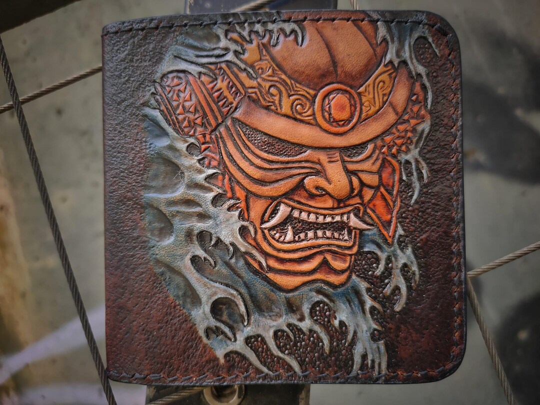 Hand Carved Samurai Mask Leather Bifold Wallet | Rising Sun | Japan Art ...