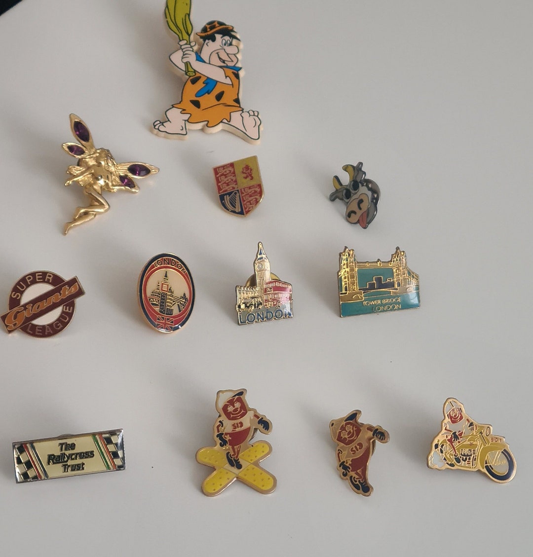 Various Vintage Pin Badges. Super League, Flintstones, London, Fairy ...