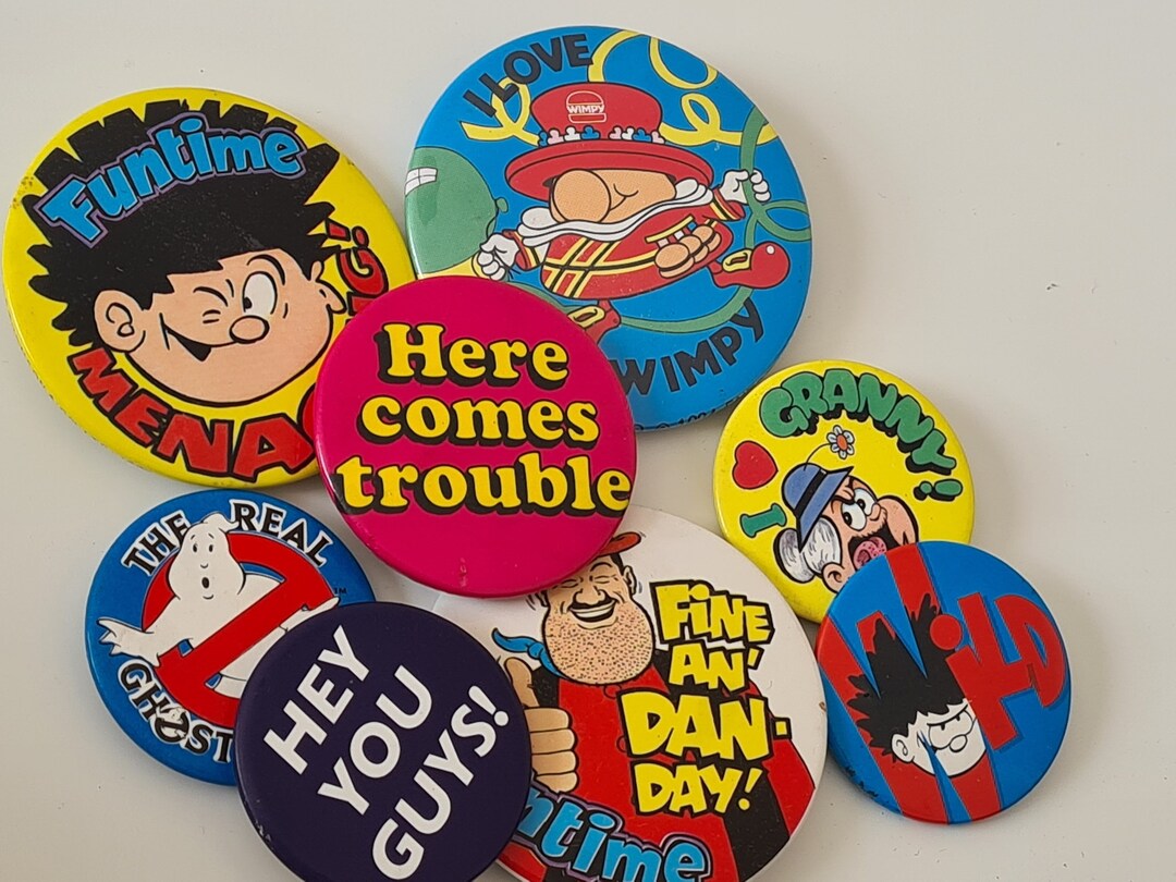 Vintage Badges, 80's, 90's. Retro Badges. Dennis the Menace ...