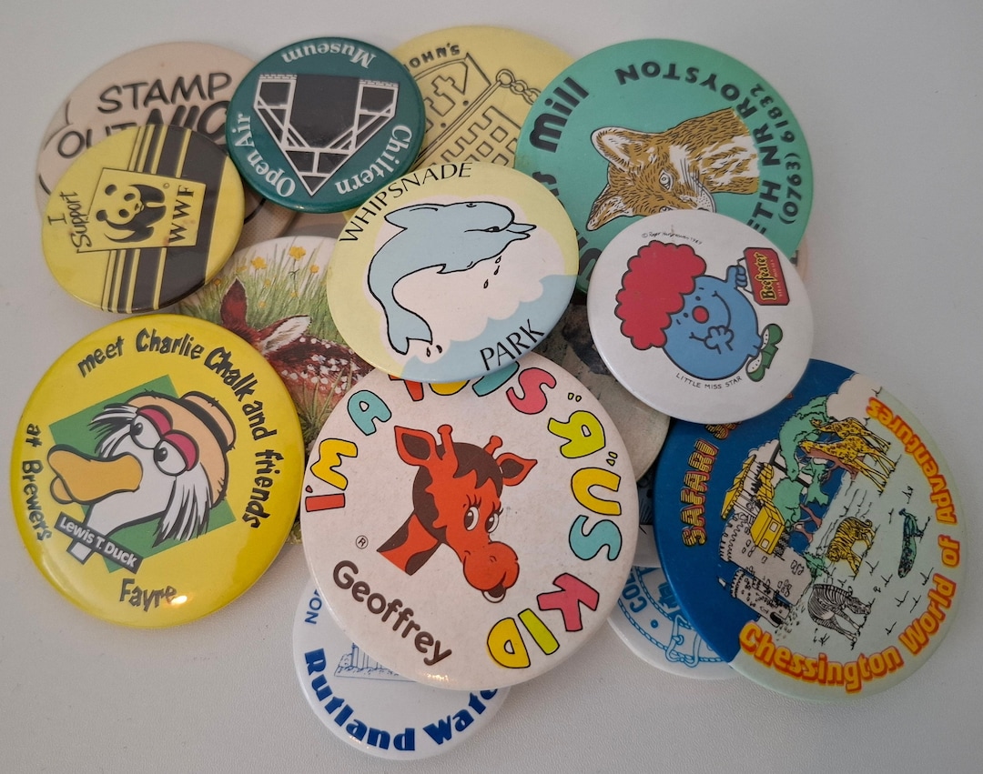 NEW Retro/vintage Pin Badges. Mr Men, Toys R Us, Charlie Chalk Etc ...