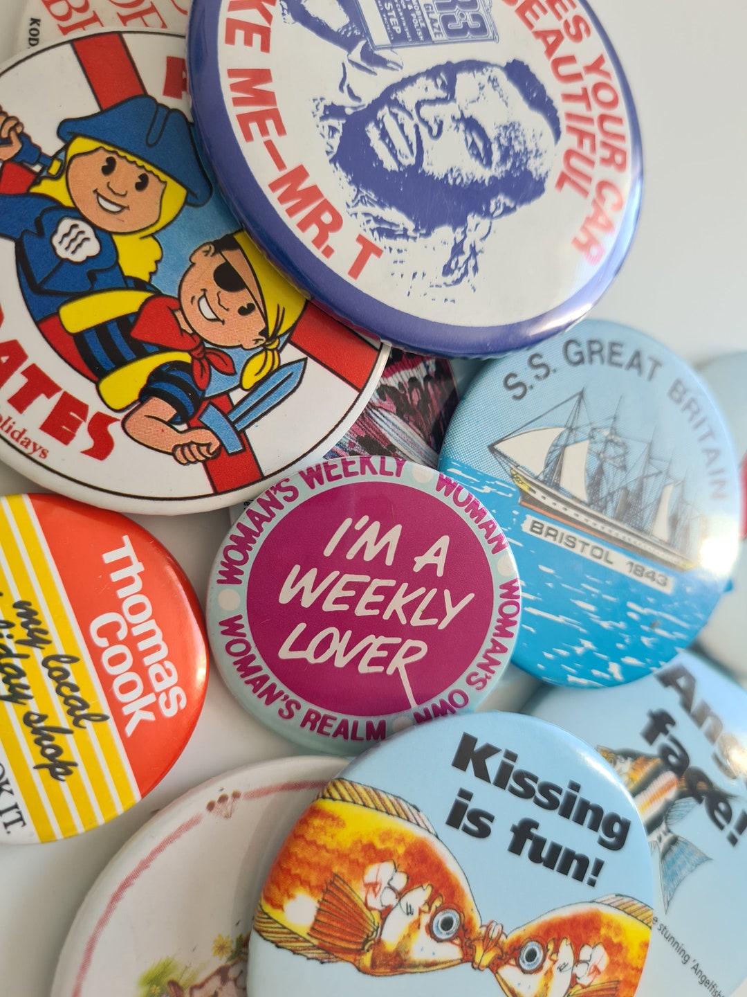 Vintage/retro Badges 70's 80's 90's Advertising, Funny Slogans, Fish, A ...