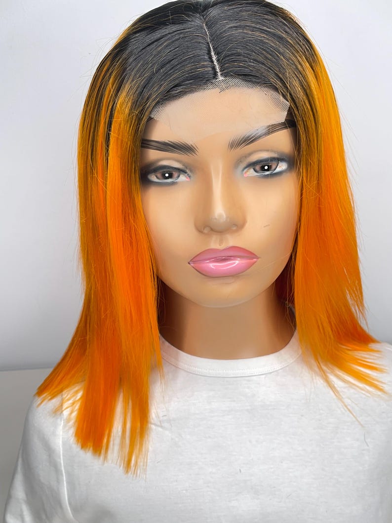 Women Orange Short Bob Wig Straight Natural Synthetic Hair Wig Fashion ...