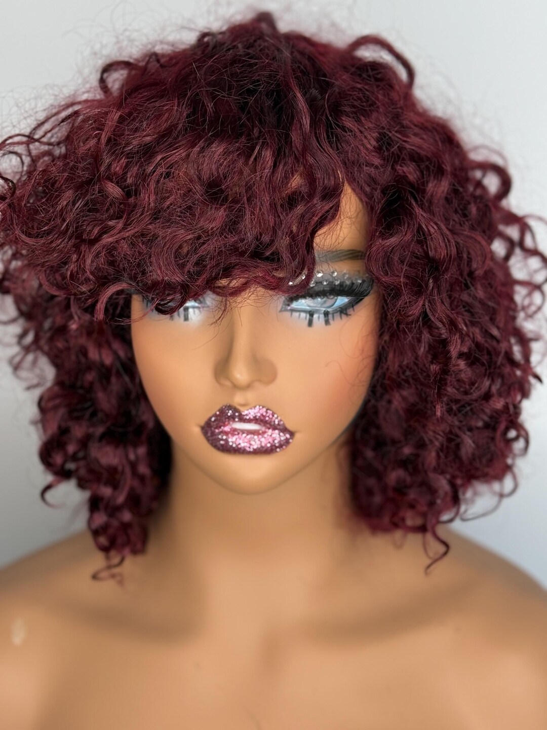 Burgundy Water Wave Fringe Wig, 12 Inch Human Hair - Etsy