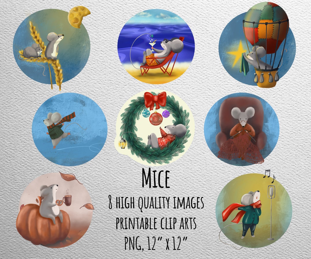Funny Mice Clipart Bundle, Hand Drawn Printable Images With Cute ...