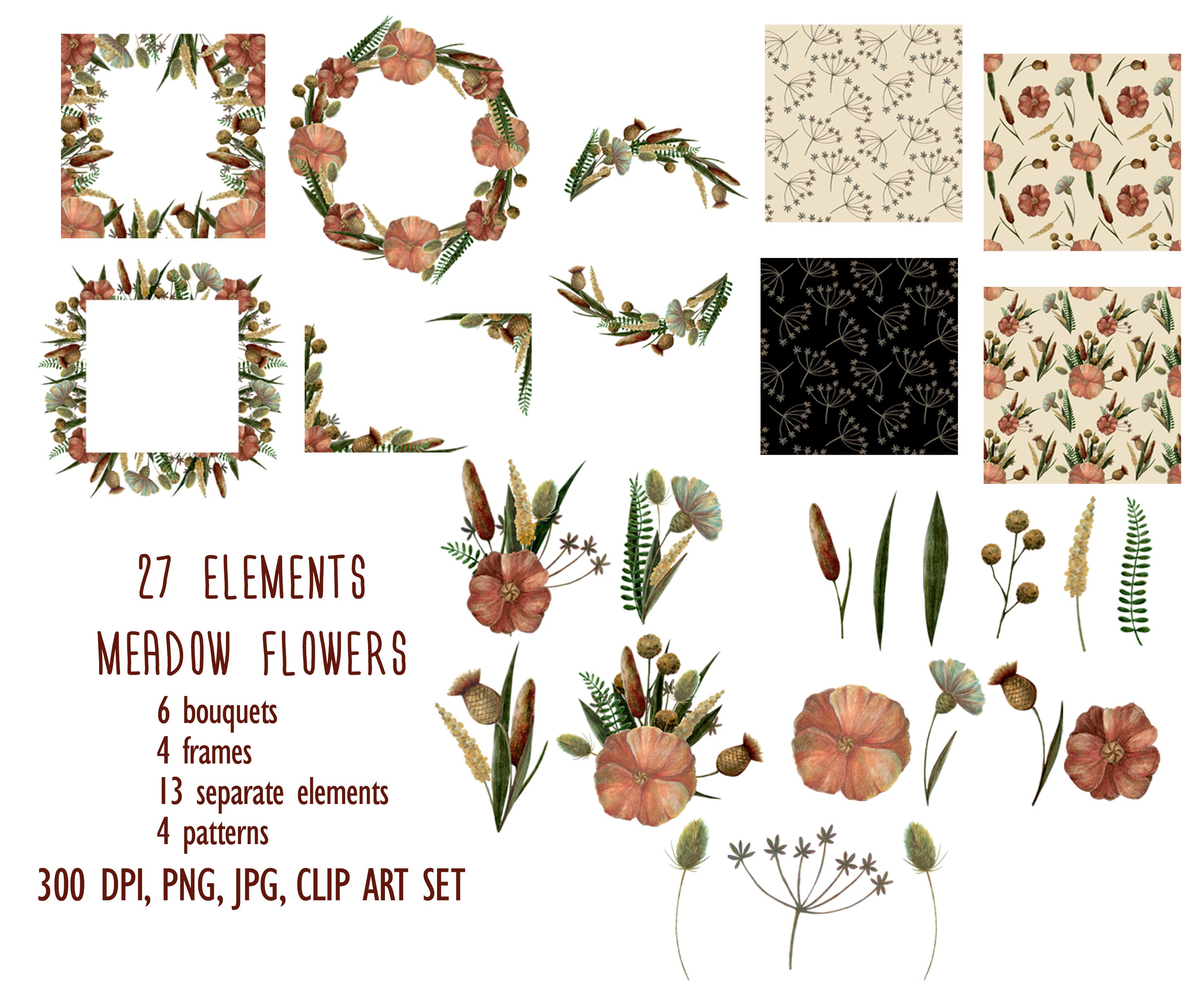 Meadow Flowers Floral clipart Digital Paper Frames | Etsy