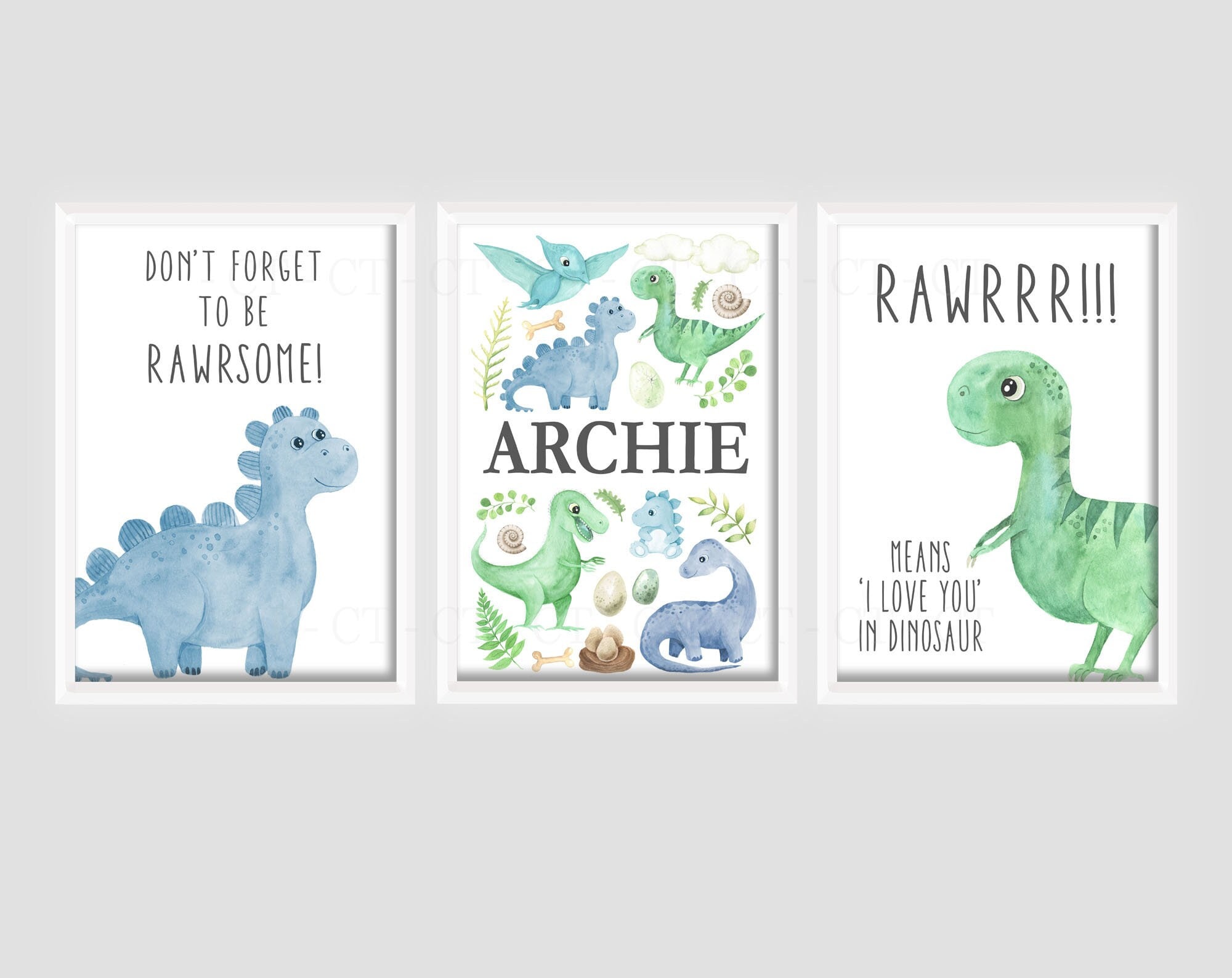Blue Green Dinosaur Boys A4 or A3 Bedroom Nursery Set of 3 Unframed ...