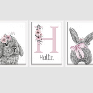 Bunny Rabbit Baby Girls A4 or A3 Nursery Set of Unframed Prints Pink ...