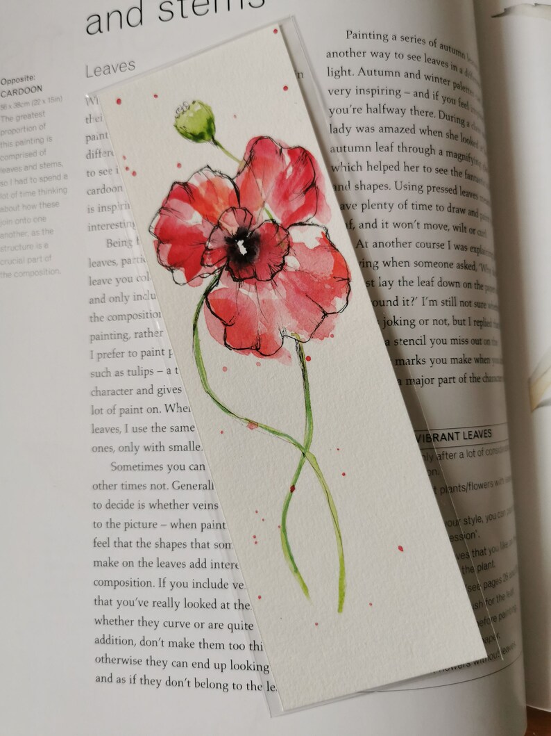 Handpainted Poppy Bookmark for Book Lover, Original Watercolour Flower ...