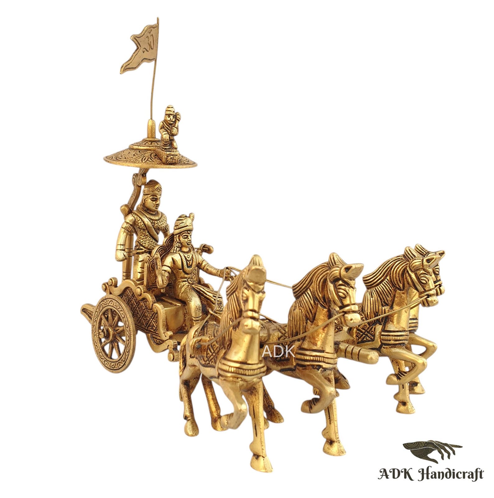 Brass Krishna Arjuna Rath Chariot, 9" Inch Arjun Rath With 4 Horses ...