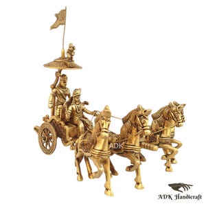 Brass Krishna Arjuna Rath Chariot, 9" Inch Arjun Rath With 4 Horses ...