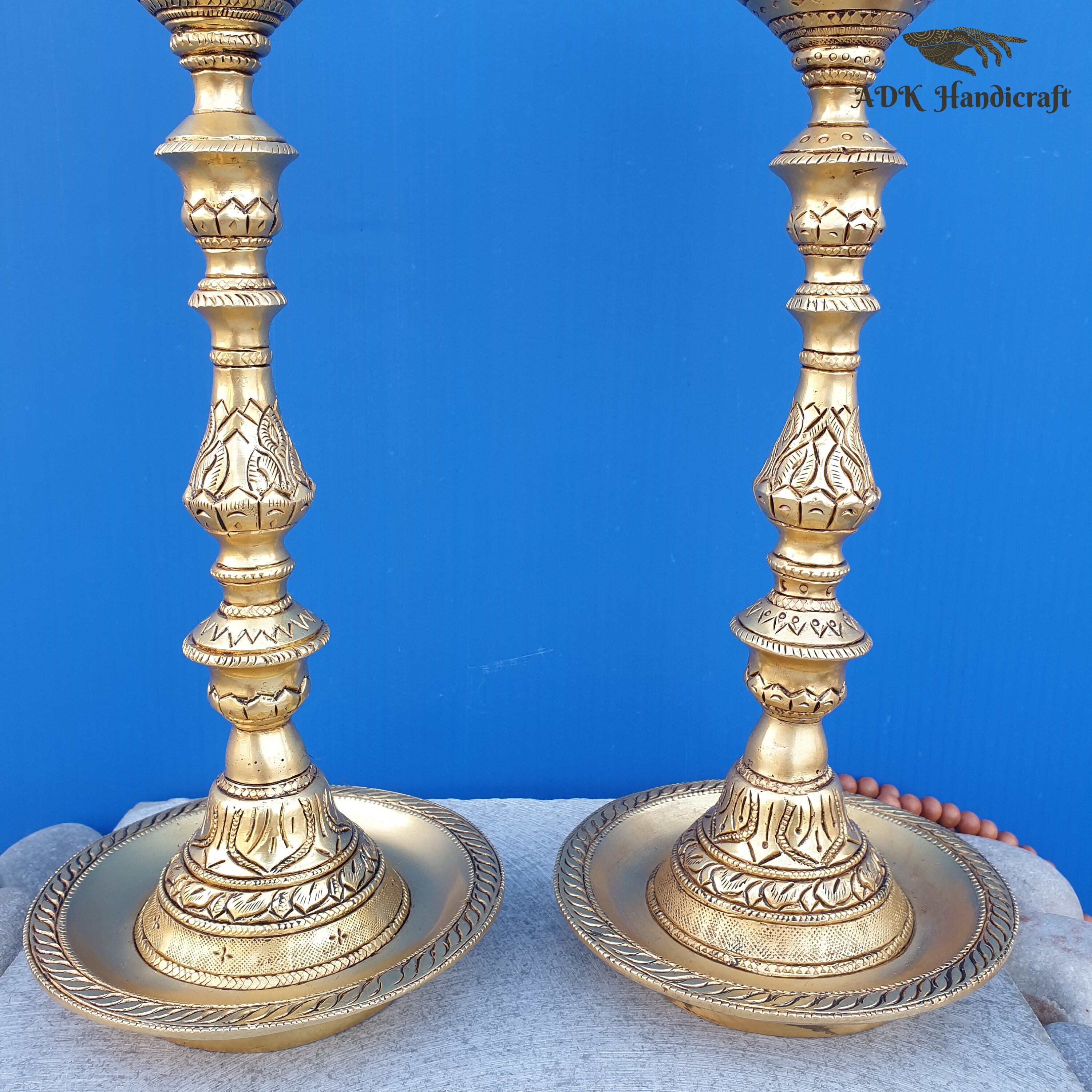 16" Inch Big Brass Traditional Diya Set, Brass Diya Stand Pair, Peacock ...